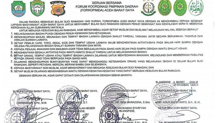 Forkopimda Abdya Terbitkan Imbauan Bersama Selama Ramadhan 1445 Hijriah, Ini Isi Seruannya ...