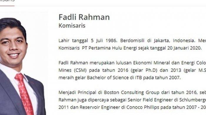 Fadli Rahman Milenial 33 Tahun, Jabat Komisaris PT Pertamina Hulu ...