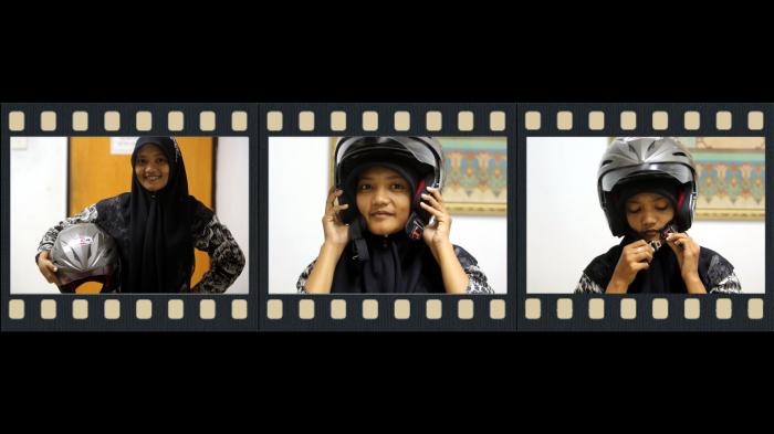 Cara Benar Pakai Helm Bagi yang Berjilbab - Serambinews.com
