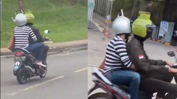 Pakai Helm Berbentuk Tabung Gas 3 Kg dan Teko, Pasangan Kekasih Ini Tetap Pede di Jalan Raya ...