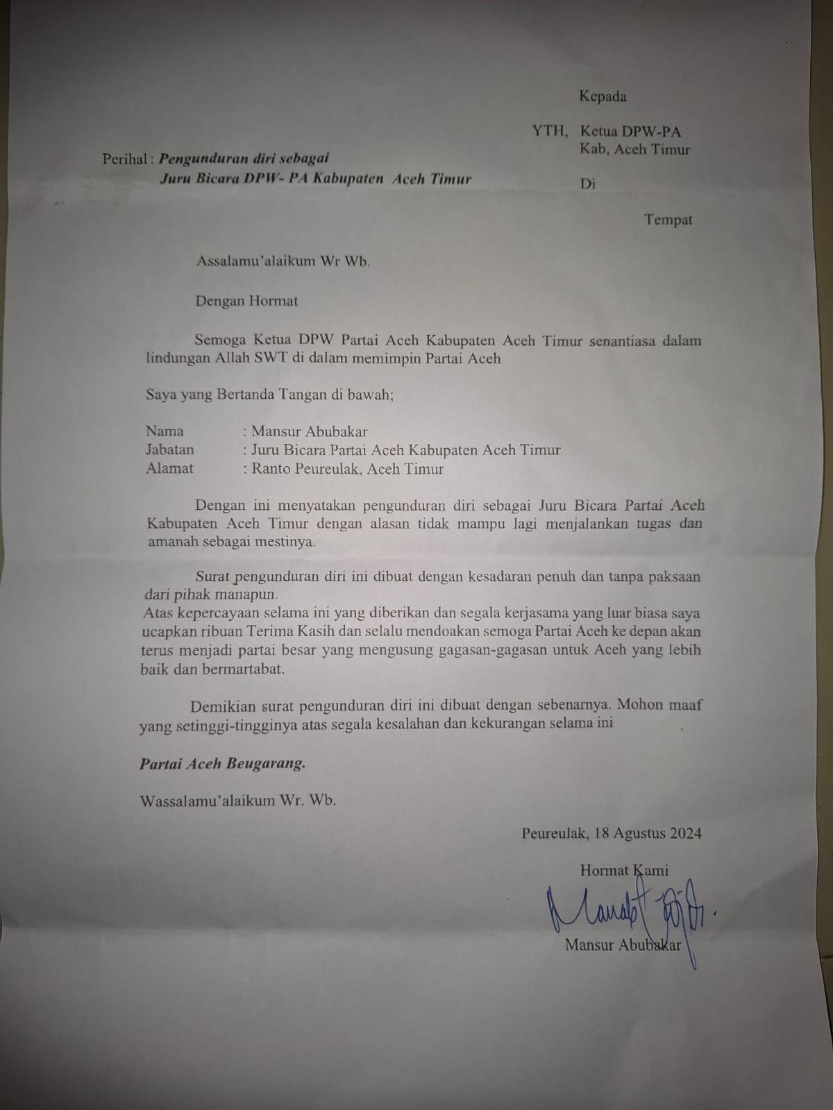 Mansur Abubakar Mundur dari Jubir DPW PA Aceh Timur - Serambinews.com