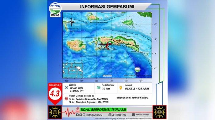 Gempa 4.3 Magnitudo Guncang Maluku Tengah, Tidak Berpotensi Tsunami - Tribunambon.com