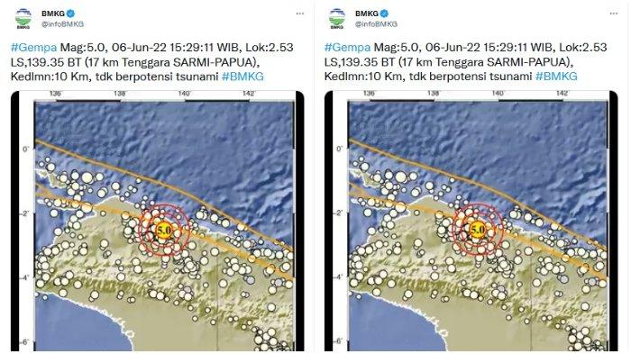 Gempa Magnitudo 5 SR Guncang Sarmi Papua, Tidak Berpotensi Tsunami - Tribunambon.com