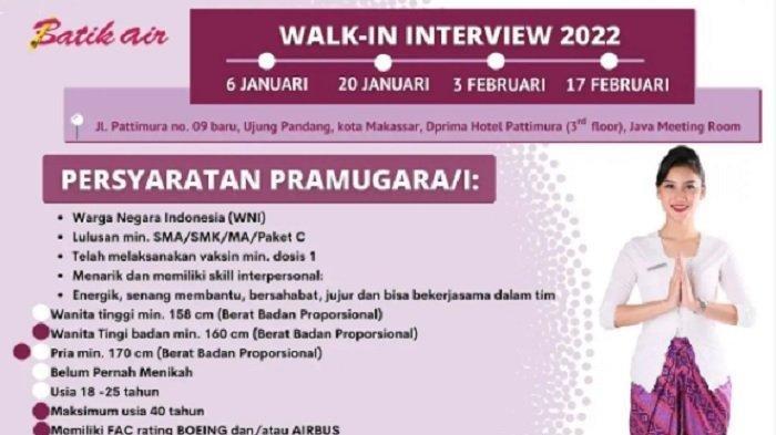Lowongan Kerja Pramugari Batik Air hingga 31 Desember 2021, Lulusan SMA/SMK/Paket C Bisa Ikut ...