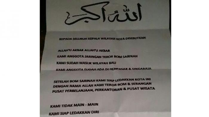 Mengaku Jaringan Teror Sarinah, Ini Isi Surat Kaleng Ancaman Bom di Bali - Tribun-bali.com