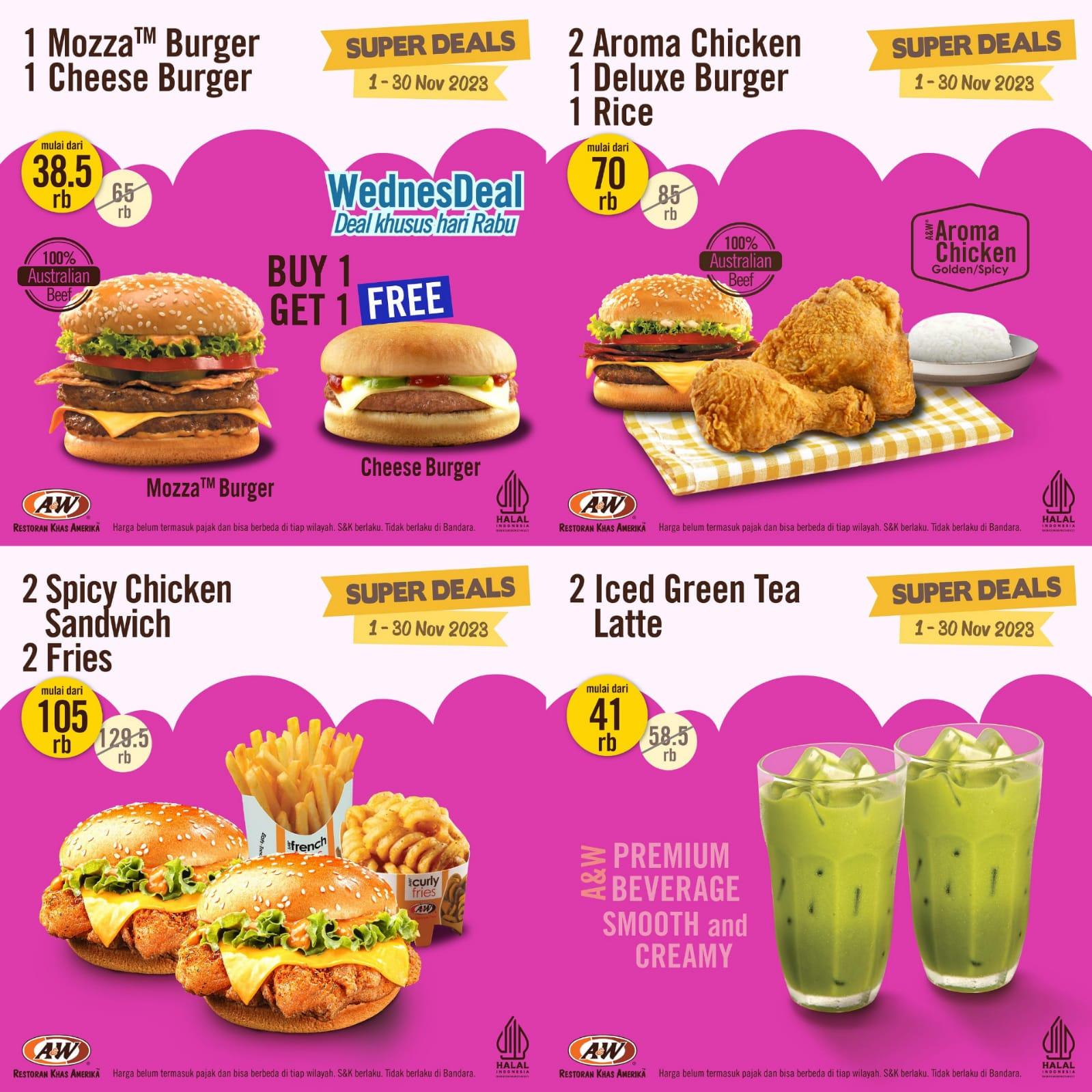 SUPER DEALS! Promo AW Restoran November 2023, Beli 1 Mozza TM Burger Gratis 1 Cheese Burger ...