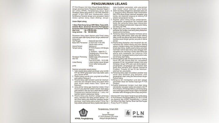 Pengumuman Lelang PLN UIW Bangka Belitung 16 April 2025 - Bangkapos.com