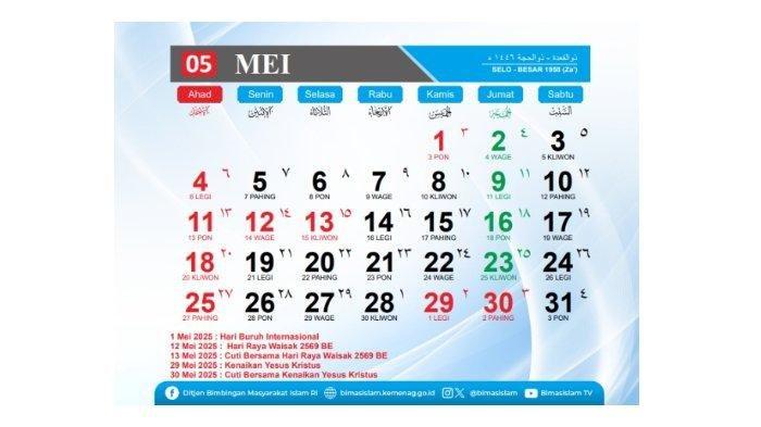 Kalender 2025 Lengkap Tanggal Merah dan Cuti Bersama Bulan Mei, Ada Long Weekend - Bangkapos.com