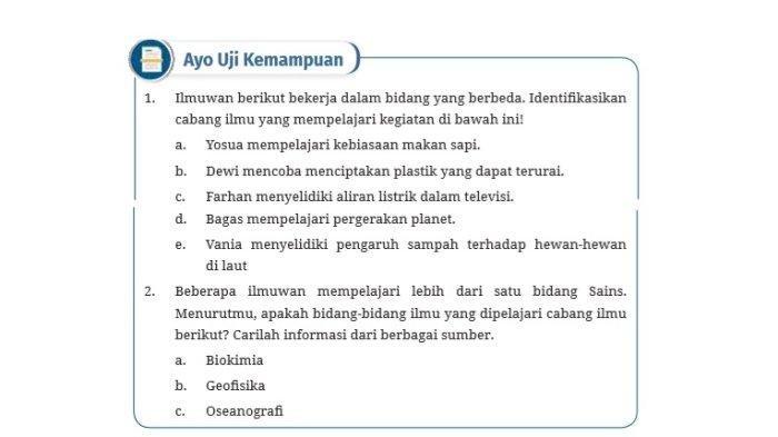 Kunci Jawaban IPA Kelas 7 SMP Kurikulum Merdeka Edisi Revisi Halaman 8 dan 9: Ayo Uji Kemampuan ...