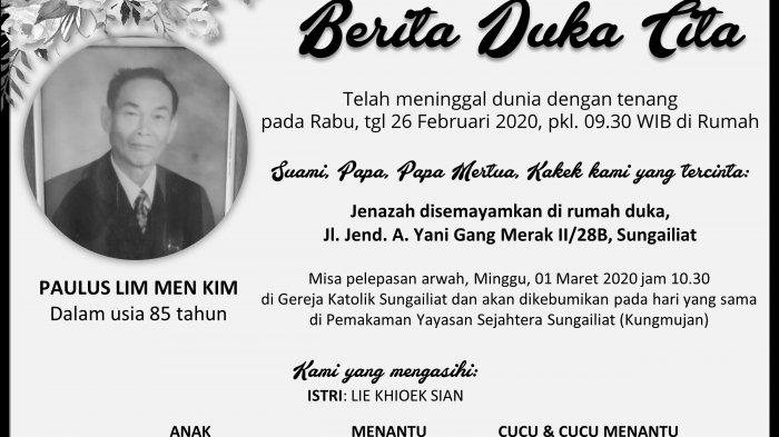 Berita Duka Cita Paulus Lim Men Kim - Bangkapos.com