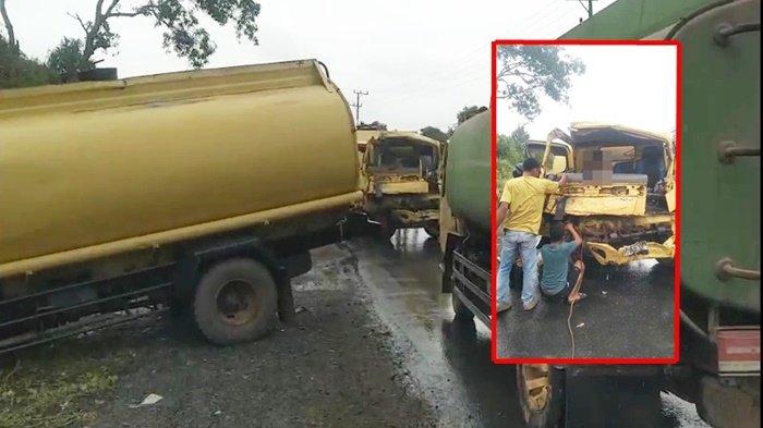 Truk Tangki Adu Banteng di Pulau Salak Kabupaten Tanah Bumbu Kalsel, Sopir Terjepit di Kabin ...