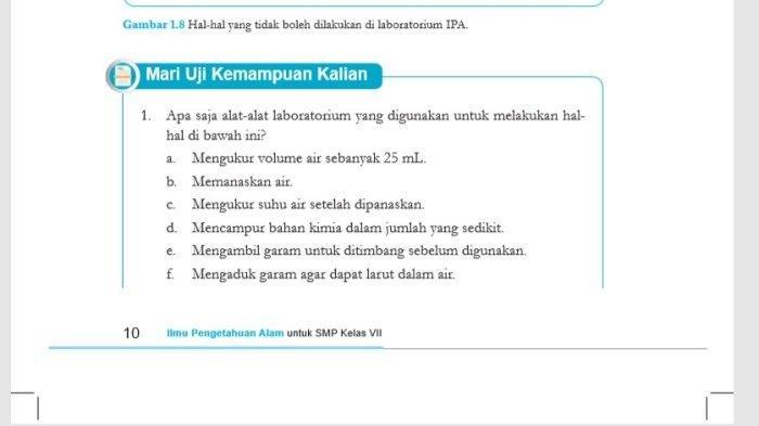 Kunci Jawaban IPA Kelas 7 SMP/MTs Hal 10 Kurikulum Merdeka, Uji Kemampuan Alat-alat Laboratorium ...
