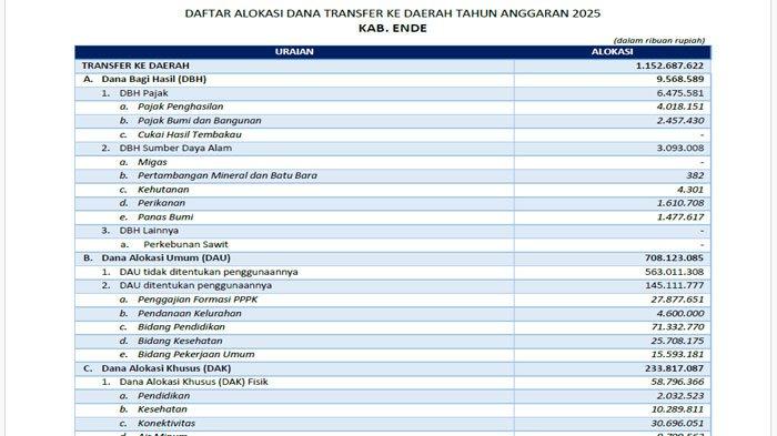 Daftar Lengkap Dana Transfer ke Daerah 2025 Kabupaten Ende Nusa ...