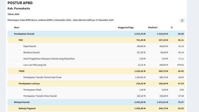 Daftar Lengkap Realisasi APBD Kabupaten Purwakarta 2024, Capaian PAD ...