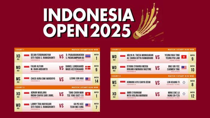 Jadwal Indonesia Open 2025 Babak 32 Besar Hari Ini, Fajar/Rian, Dejan/Fadia dan Chico Main ...