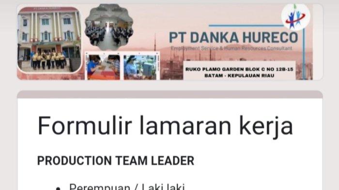 Lowongan Kerja Batam - PT Danka Hureco Butuh Production Team Leader ...