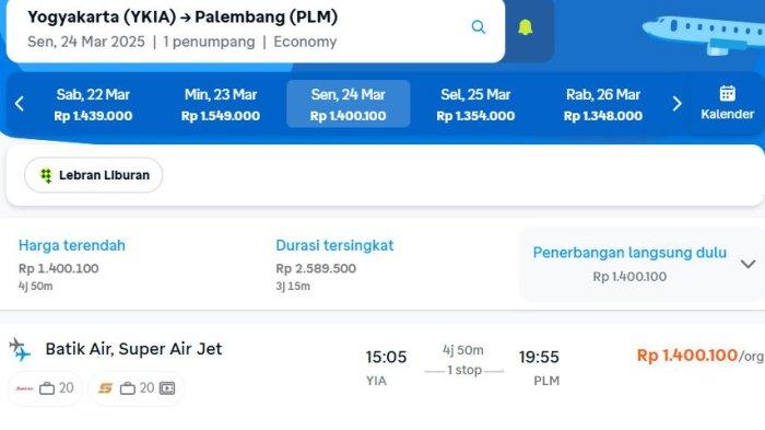 Daftar Harga Tiket Pesawat Jogja - Palembang Keberangkatan 24 Maret ...