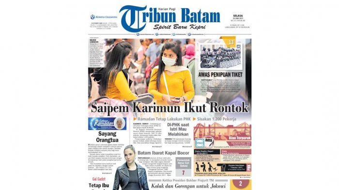 Headline Tribun Batam, Selasa, 20 Juni 2017: SAIPEM KARIMUN RONTOK ...