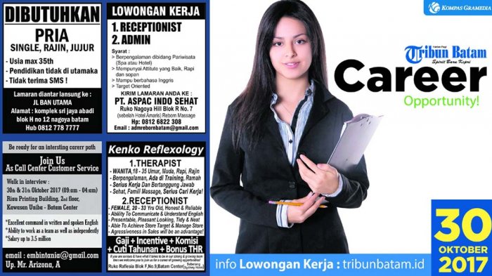 Lowongan Kerja di Batam - Dibutuhkan Terapis dan Resepsionis. Cek ...