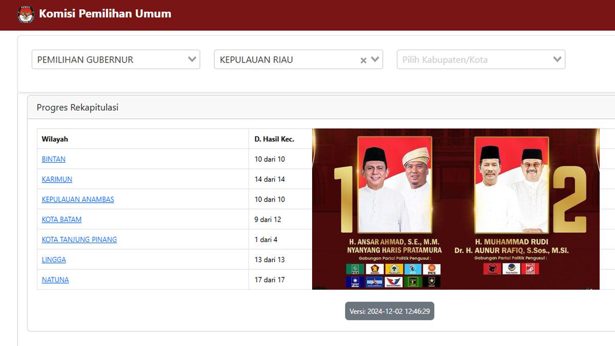 Hasil Pilkada Kepri 2024 Berdasarkan Pleno PPK, Berikut Raihan Suara Ansar-Nyanyang dan Rudi ...