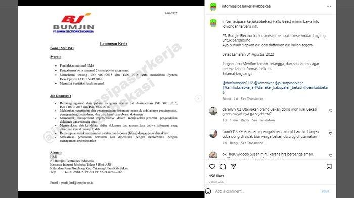 Lowongan Kerja Bekasi: PT Bumjin Electronics Indonesia Butuh Staf, Ini Posisi dan Kualifikasinya ...