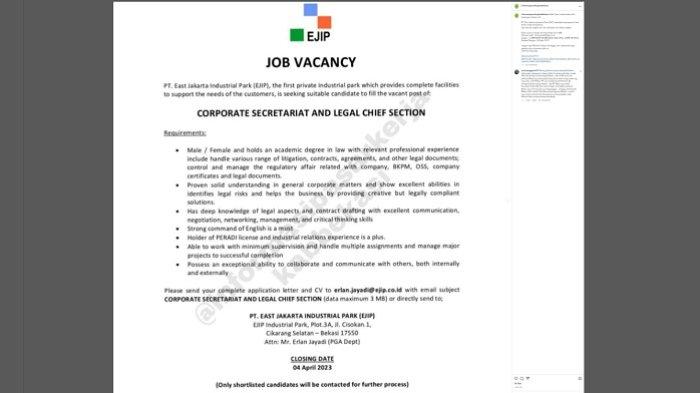 Lowongan Kerja Bekasi: PT EJIP Tawarkan Posisi Corporate Secretariat ...
