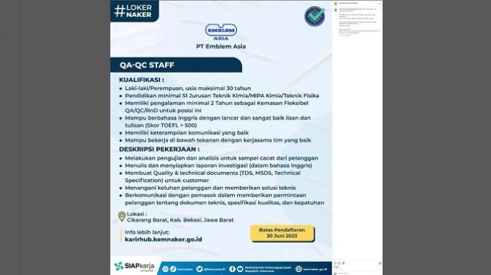 Lowongan Kerja Bekasi: PT Emblem Asia di Cikarang Barat Tawarkan Posisi ...