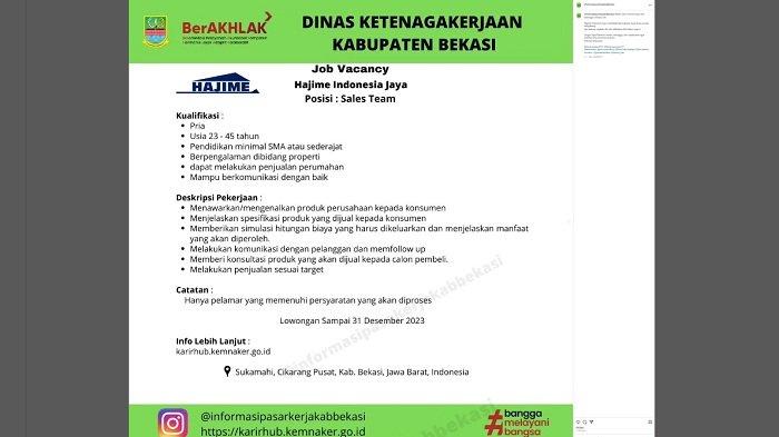 Lowongan Kerja Bekasi: Hajime Indonesia Jaya Tawarkan Posisi Sales Team untuk Lulusan SLTA ...
