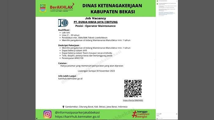 Lowongan Kerja Bekasi: PT Dunia Kimia Jaya Cibitung Butuh Tenaga Operator Maintenance ...