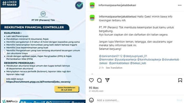 Lowongan Kerja Bekasi: PT PP Persero Tbk Tawarkan Posisi Financial Controller - Tribunbekasi.com