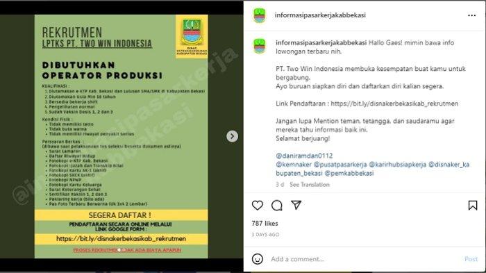 Lowongan Kerja Bekasi: PT Two Win Indonesia Tawarkan Pekerjaan Operator ...