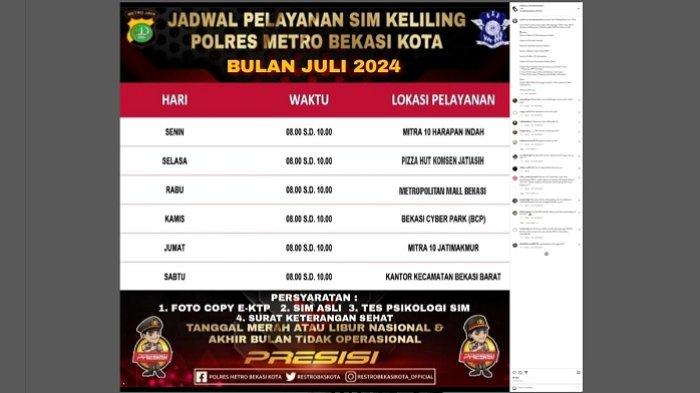 SIM Keliling Kota Bekasi, Selasa 2 Juli 2024 di Komsen Jatiasih Hingga Pukul 10.00 WIB ...