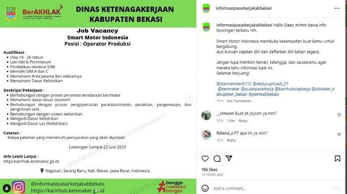 Lowongan Kerja Bekasi: Buruan, PT Smart Motor Indonesia Butuh Operator ...