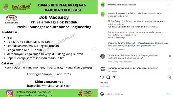 Lowongan Kerja Bekasi: Buruan, PT Sari Takagi Elok Produk Butuh Manager Maintenance Engineering ...