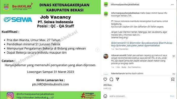 Lowongan Kerja Bekasi: Hari Ini Pendaftaran Terakhir, PT Seiwa ...