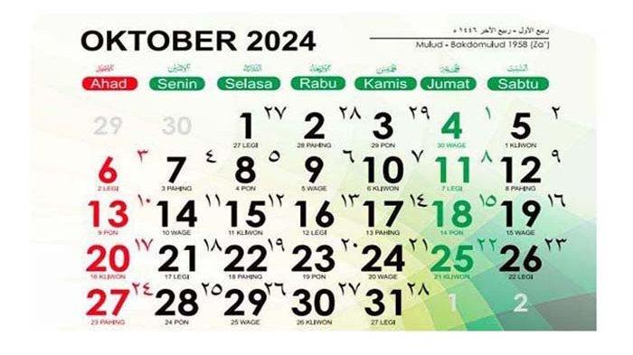 Kalender Oktober 2024 Beserta Weton Jumat Legi dan Sabtu Pahing ...