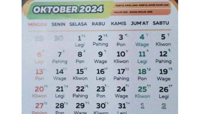 Kalender Oktober 2024 Lengkap dengan Weton Tanggal 28 Oktober 2024 ...