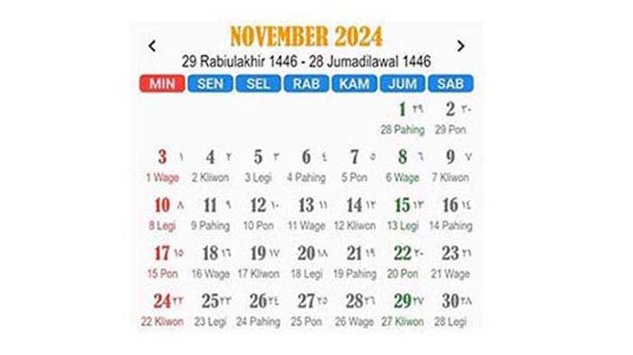 Kalender November 2024 Lengkap dengan Weton Jawa 30 November 2024 - Halaman all - Posbelitung.co