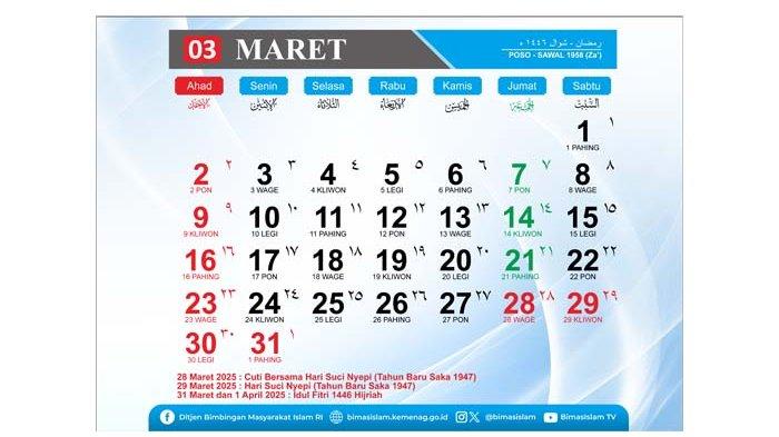 Kalender 2025 Lengkap dengan Hijriyah, Yuk! Hitung Mundur Idul Fitri 2025 - Posbelitung.co