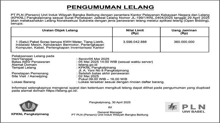 PLN Babel Lelang Barang Scrap, Digelar 5 Mei di KPKNL Pangkalpinang ...