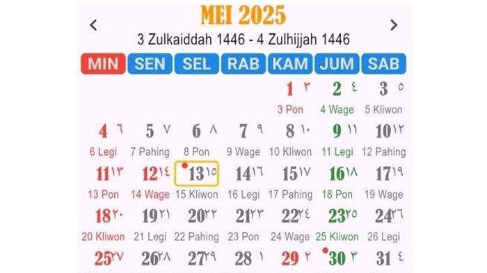 Kalender Jawa 2025 Lengkap dengan Weton 31 Mei 2025 dan Neptu Hari Sabtu Pon - Posbelitung.co