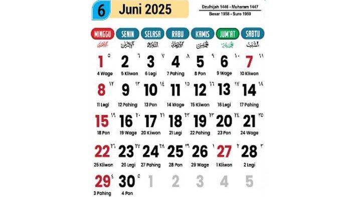 Kalender Juni 2025 Lengkap dengan Weton 6 Juni 2025, Pasaran dan Neptu Jumat Wage - Posbelitung.co