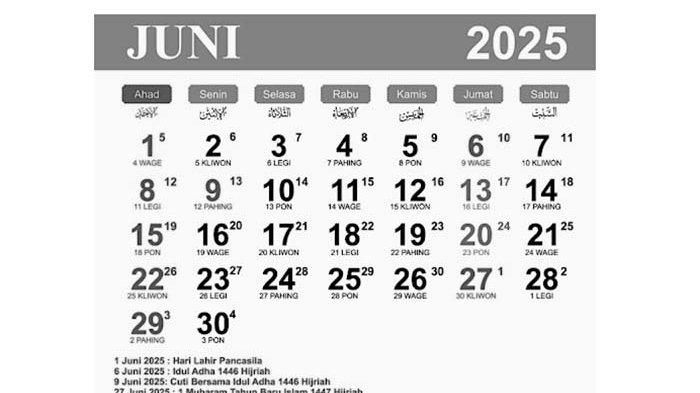Kalender Juni 2025 Lengkap dengan Weton dan Pasaran, Lengkap 1 Suro 2025 Jatuh Tanggal Berapa ...