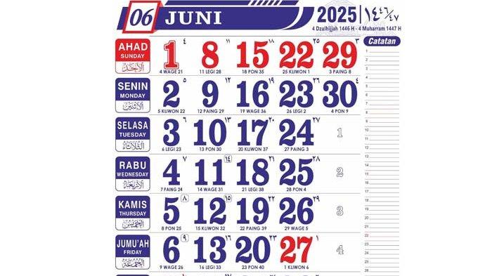 Kalender Jawa Bulan Juni 2025 Lengkap Weton Jumat Legi, Simak Pasaran ...