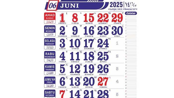 Kalender Juni 2025 Lengkap dengan Hijriyah, Jadwal 1 Muharam 1447 H dan Libur Tahun Baru Islam ...