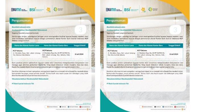 Pemberitahuan Pemindahan Alamat Kantor BSI KCP Seluma - Tribunbengkulu.com