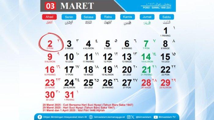 Kalender Maret 2025: Penanggalan Jawa Weton 2 Maret, Lengkap Neptu ...