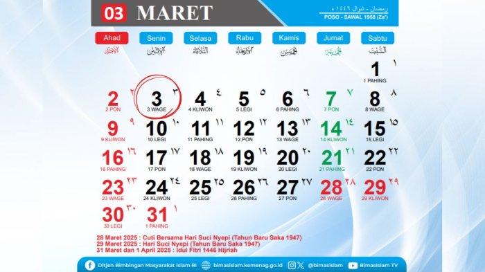 Kalender Maret 2025: Penanggalan Jawa Weton 3 Maret, Lengkap dengan ...