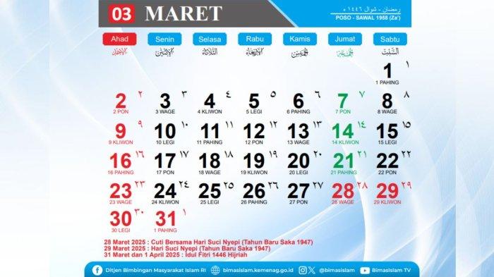 Kalender Maret 2025 : Lengkap dengan Hari Libur Nasional dan Cuti Bersama - Tribunbengkulu.com