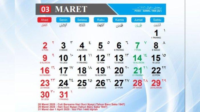 Kalender Maret 2025 : Daftar Libur Nasional dan Cuti Bersama, Libur ...
